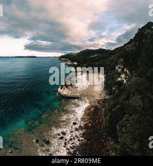 Aerial of Te Whanganui-A-Hei Cathedral Cove Marine Reserve in ...