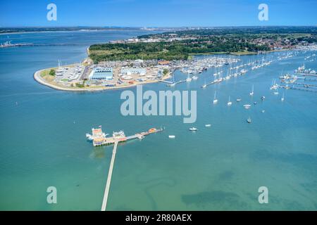 Aerial view along the Hamble River in Hampshire in Southern England ...