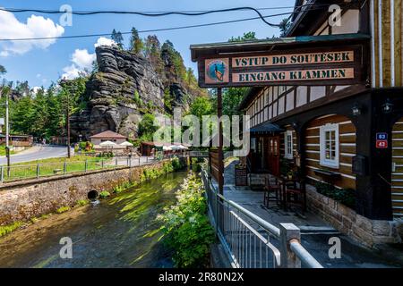 Hrensko, Czech Republic. 18th June, 2023. A ferry boat departs with ...