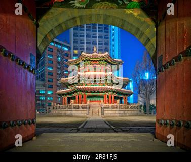Seoul, South Korea - The altar with huge cross and pipe organ inside ...