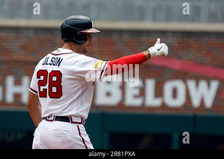 Atlanta Braves' Matt Olson reacts at second base after hitting a two ...