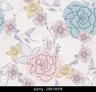 Vector seamless pattern with birds. Swallows with a floral print with a ...