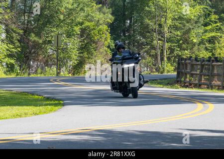 black hog motorcycle with headlights on driving winding mountain road ...