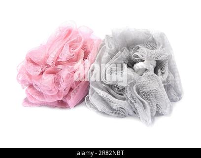 New shower puffs on white background. Personal hygiene Stock Photo - Alamy