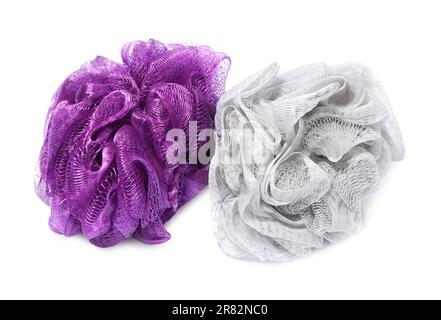 New shower puffs on white background. Personal hygiene Stock Photo - Alamy