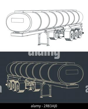 Stylized vector illustrations of blueprints of tanker trailer Stock ...