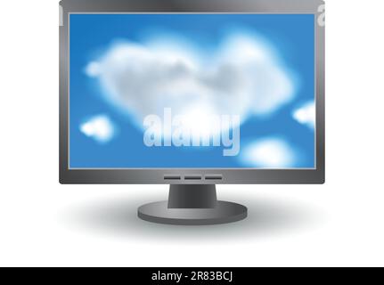 Cloud shape cut out from a computer monitor with a view of the clouds ...