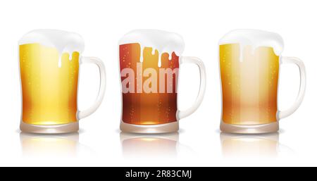 Light, dark and unfiltered beer in glasses with reflection, isolated on ...