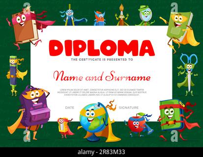 Kids diploma cartoon stationery superhero characters. Education school ...