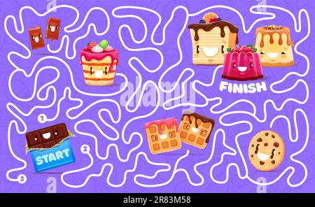 Labyrinth maze game cartoon bakery, sweets and dessert characters. Kids ...
