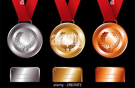 Sport gold, silver and bronze positions with red ribbon set background ...