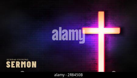 Evening sermon background. Christian web banner with glowing neon cross ...