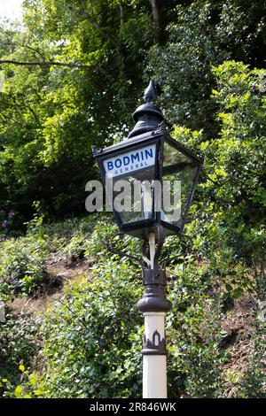 Bodmin, Cornwall, UK, June 13. Bodmin General railway station sign in ...