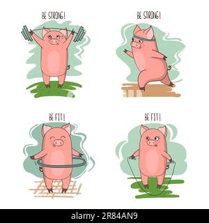 Set of cute cartoon pigs involved in sports. Vector fitness ...