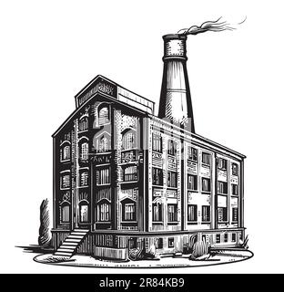Industrial plant, factory sketch. Vintage building vector illustration ...