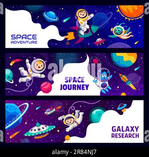 Space explore banners with cute alien and kid astronaut cheerful ...