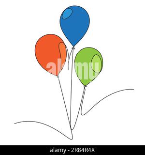 Birthday balloons flying one line drawing, continuous hand drawn ...