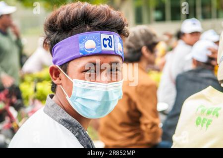 Portrait of 2 Sam Rainsy supporters wearing face masks & waving flags ...