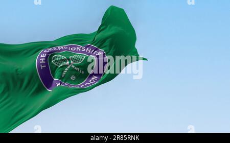 London, UK, May 2023: Flag with The Championships Wimbledon logo waving ...