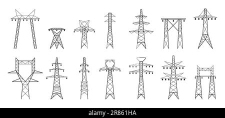 Electric line with pylons. Grid transmission system with towers and towers. Power network ...