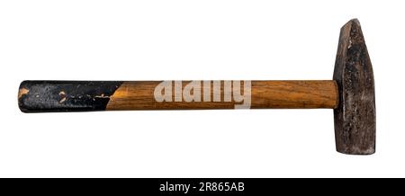 Hammer with a wooden handle with chips and scuffs on a white background ...