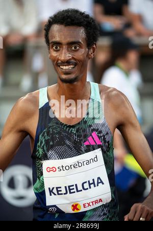 Yomif Kejelcha of Ethiopia celebrating his win in the men’s 5000m at ...