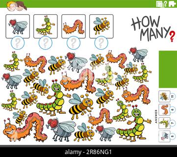 Math game worksheet, cartoon bee, dragonfly and butterfly characters ...