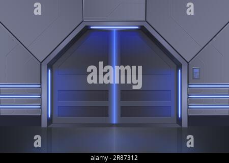 Spaceship door. Metal space ship interior. Sliding gate inside hexagon ...