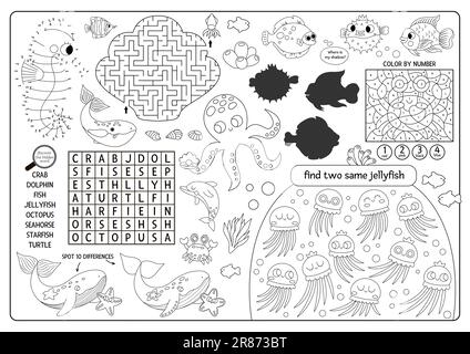 Vector under the sea word search puzzle for kids. Simple easy ocean ...