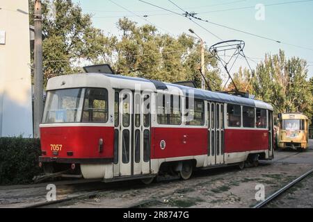 Picture of a Tatra T3 tram on display at the depot of Odessa tram i ...
