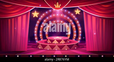 Cartoon circus arena. Round stage under marquee dome with seats, flags ...