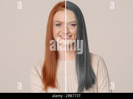 Changes in appearance during aging. Portrait of woman divided in half ...