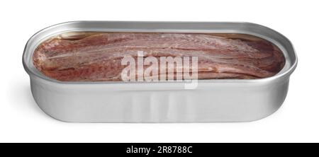 Anchovy fillets in open tin can isolated on white, top view Stock Photo ...