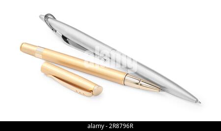 New stylish silver pens isolated on white Stock Photo - Alamy