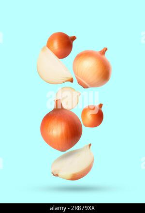 Cut onions falling on pastel light blue background Stock Photo - Alamy
