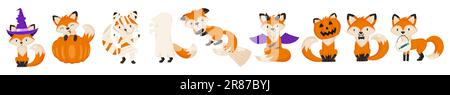 Set of funny foxes in Halloween costumes. Vector illustration of witch ...