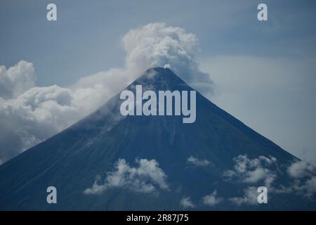 Mayon volcano is seen from the government declared permanent danger ...