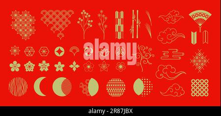 Oriental clouds, sun and moon. Gold sun and moon with clouds in old ...