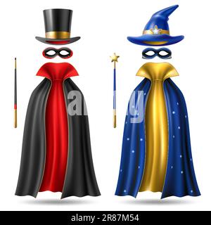 Magician clothes realistic set with isolated images of gowns with hats ...