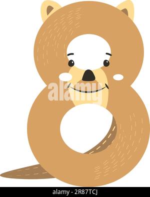 Number eight character with ears, muzzle and fur, tail, and cute facial ...