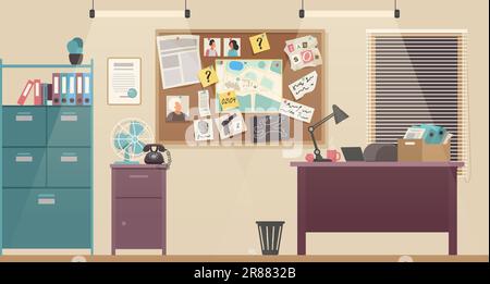 Detective office with table and board with evidences and red thread ...