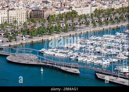 Rambla de Mar pedestrian bridge, Port Vell harbour, Barcelona ...
