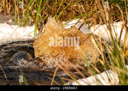 Close-up of a water source that blows up bubbling water. Spring, snow ...