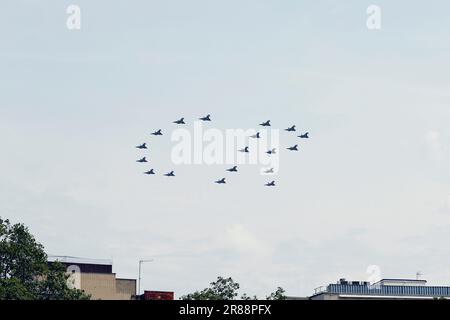 Eighteen Eurofighter Typhoon aircraft in formation spelling out CR ...