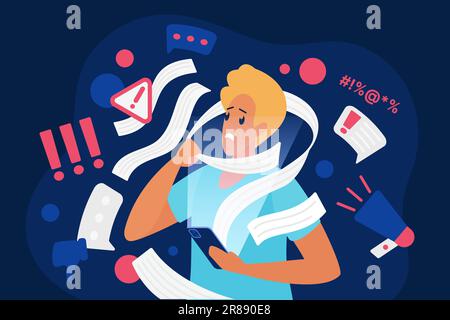 Doomscrolling set vector illustration. Cartoon isolated sad male and ...