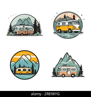 Vintage hand drawn camper recreational trailers, Rv cars icons. Simple ...