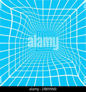 Distorted white square room wireframe in perspective on blue background ...