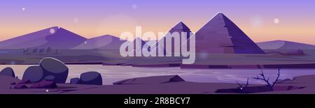 Pyramid in egypt desert oasis vector night landscape background ...