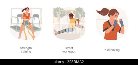 Teen staying fit isolated cartoon vector illustration set. Teeange girl drinking water in gym ...