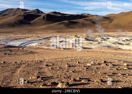 Stunning geothermic field of Sol de Mañana with its steaming geysers ...